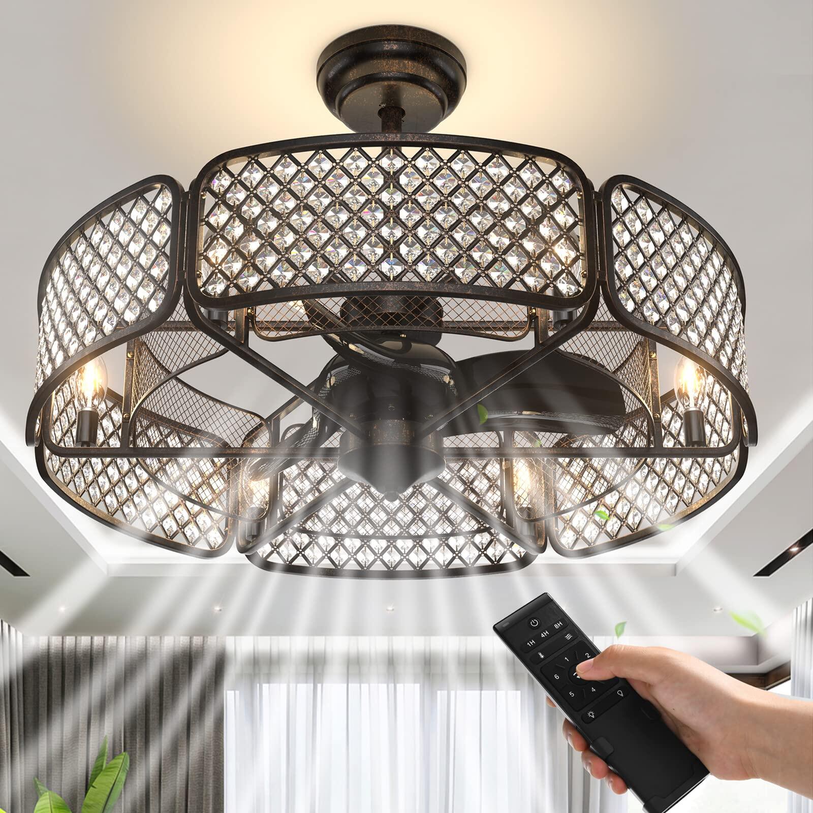 Caged Ceiling Fan with Light, 30 Inch Crystal Ceiling Fan with 6 Light ...