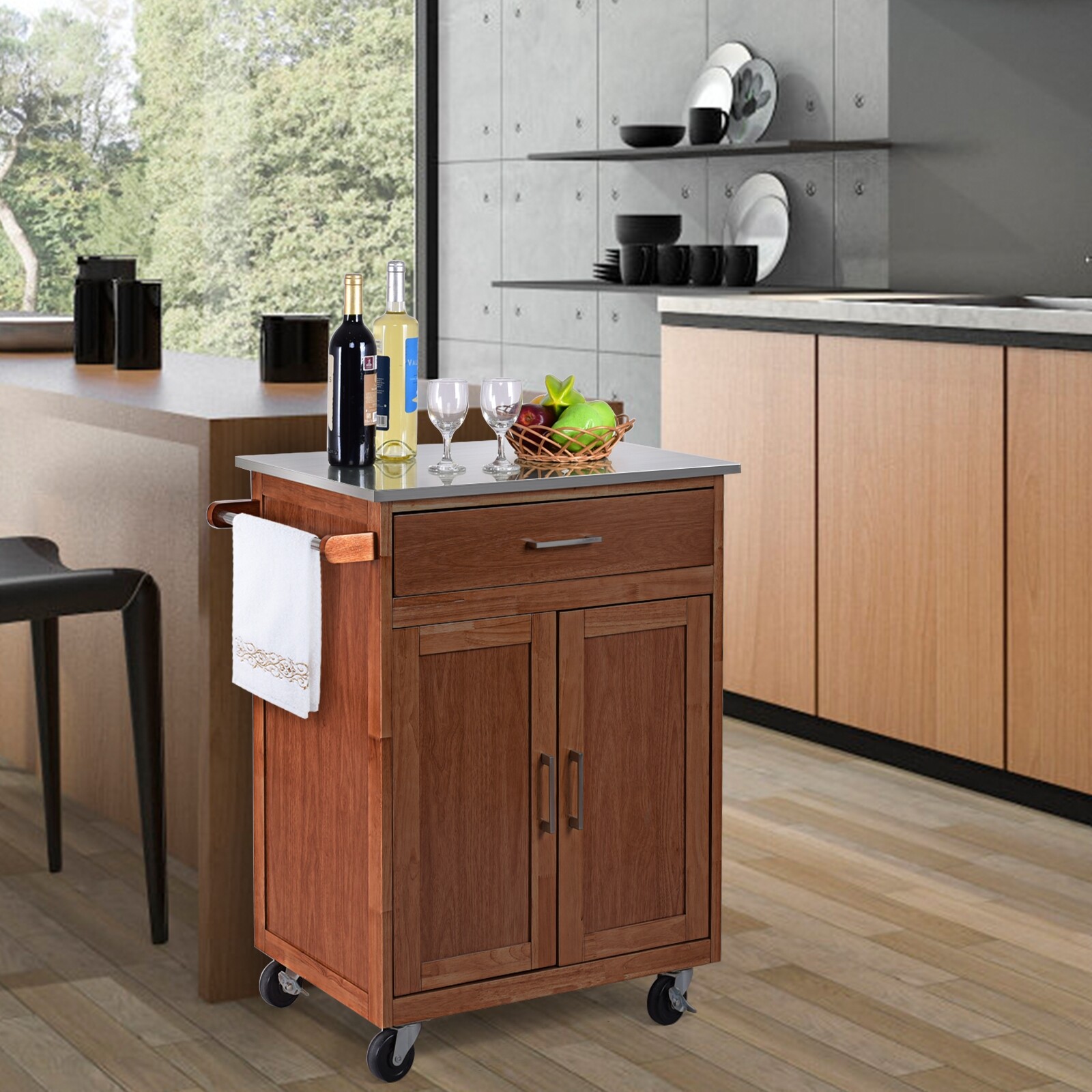 Costway Wood Kitchen Trolley Cart Stainless Steel Top Rolling Storage ...